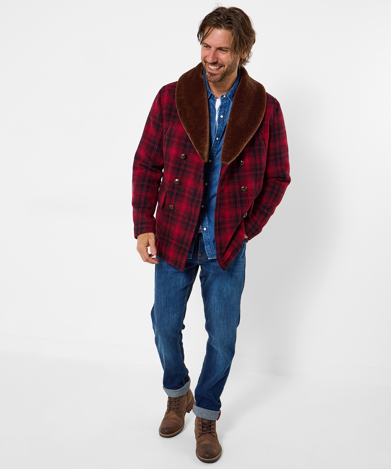 Joe Browns Mens Faux Fur Collar Double Breasted Multi-Coloured Coat Red ...