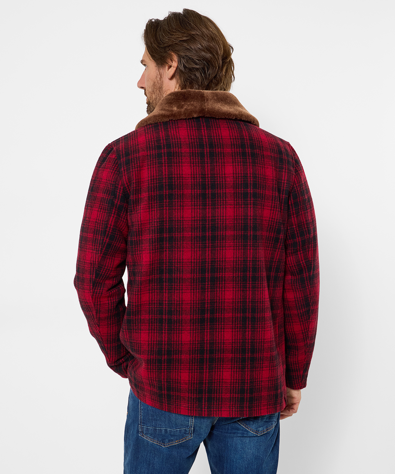 Joe Browns Mens Faux Fur Collar Double Breasted Multi-Coloured Coat Red ...